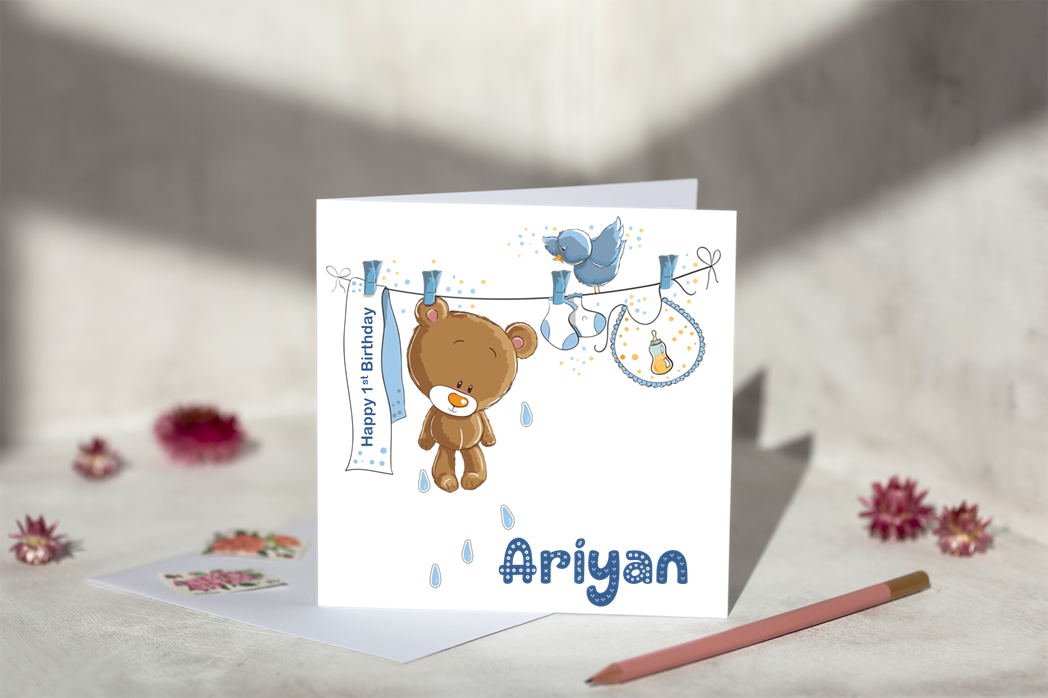 Personalised Blue Teddy Birthday Card – Beauty and The Button